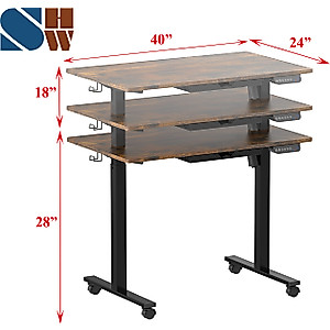 SHW Small Electric Height Adjustable Mobile Sit Stand Desk with Drawer, Hanging Hooks and Cable Management, 40 x 24 Inches, Rustic Brown