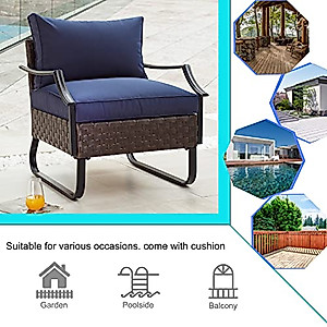 LOKATSE HOME Single Outdoor Armchair Rattan Sofa Cushioned Patio Chair U Leg Metal Club Furniture for Balcony Porch Garden Deck, Blue