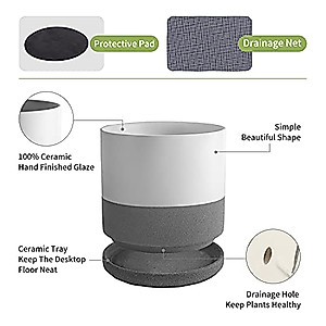 UMIAMOY 6inch Modern Cylinder Matte Ceramic Planter Pot with Drainage Hole and Saucer, Planter Pot for Indoor Outdoor Plants Flowers, White/Gray