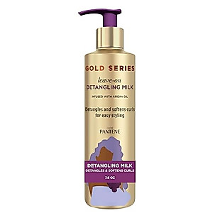 Pantene Gold Series Detangling Milk Hair Treatment for Curly Hair, Natural and Textured Hair, 7.6 Fl Oz Leave-On Hair Detangler Infused with Rich Argan Oil, Dye and Sulfate Free Formula
