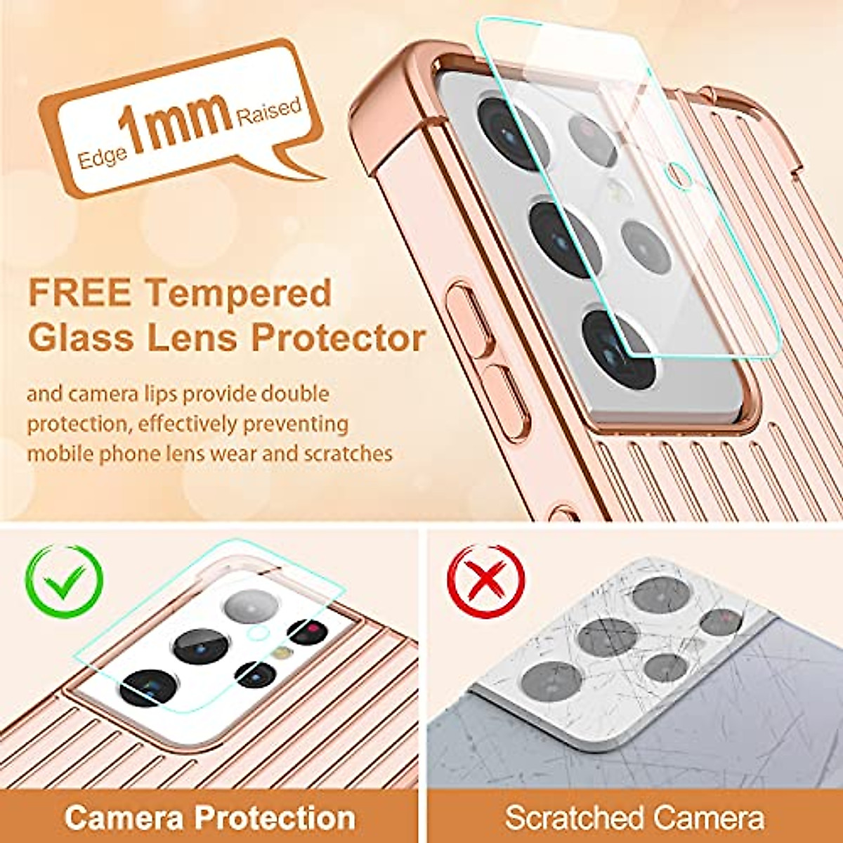 PTUONIU Kickstand Case for Samsung Galaxy S21 Ultra, [Two-Way Stand] [Reinforced Drop Protection] [Anti-Scratch] Slim Shockproof Stand Case with Camera Protector+Strap for Samsung S21 Ultra-Rose Gold