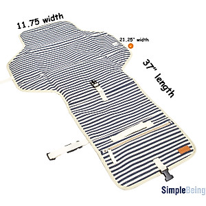 Simple Being Portable Changing Pad, Travel Diaper Canvas Clutch Mat, Diaper Bag Essential with Storage Pockets for Wipes and a Supportive Foam Head Pillow Padding (Navy Stripe)