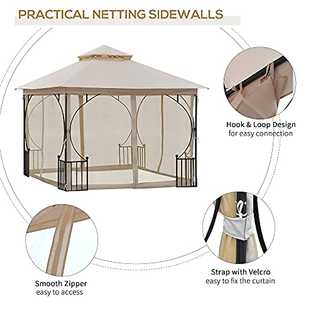 Outsunny 10' x 10' Patio Gazebo, Double Roof Outdoor Gazebo Canopy Shelter with Netting, Steel Corner Frame for Garden, Lawn, Backyard and Deck, Beige