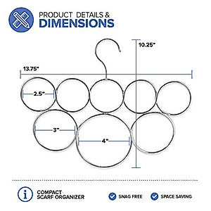 Scarf Hanger Organizer Holder for Closet Space Saving Organization and Storage, 8 Snagless Satin Chrome Rings by EXULTIMATE