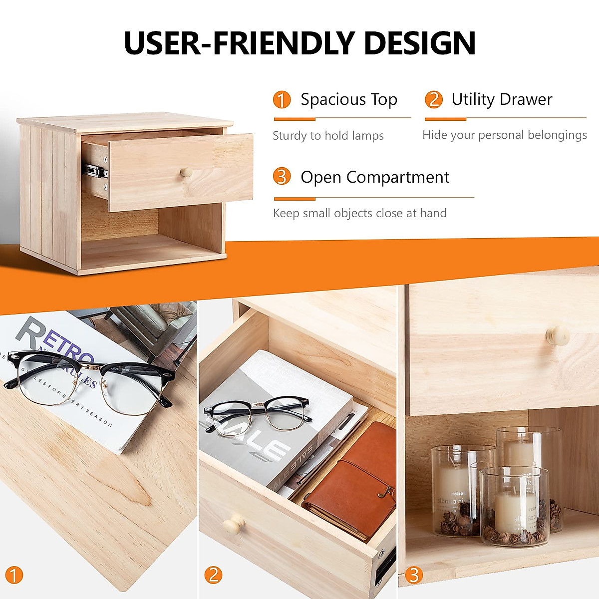 VINGLI Unfinished Natural Solid Wood Floating Nightstand for Bedroom, Small Nightstand with Drawer/Shelf, Farmhouse Night Stand Wall-Mounted Nightstand/Bedside Table for Small Space Color DIY