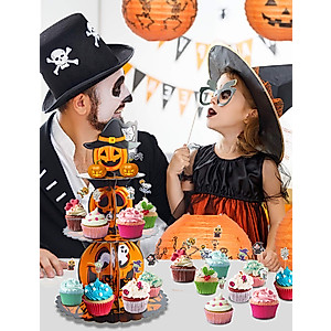 JROYJOY 3 Tier Halloween Cupcake Stand, Cupcake Tower with 16 Pcs Pumpkin Cupcake Toppers, Cake Stand for Dessert Table, Cupcake Display Stand for 24 Cupcakes Party Supplies Halloween Decorations