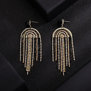 Kercisbeauty Black Rhinestones Beads Gold Chandelier Earrings Fringe Dangle Drop Jewelry for Women Girls Vintage Wedding Bridal Jewelry (Black 1)