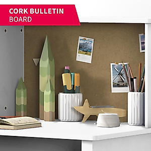 MUZZ Kids Study Desk and Chair Set,Modern Wooden Study Desk w/Hutch & Cork Bulletin Board, Kids Activity Desk with Storage Shelves & 2 Closed Drawers and Chair for Bedroom, Study(White)