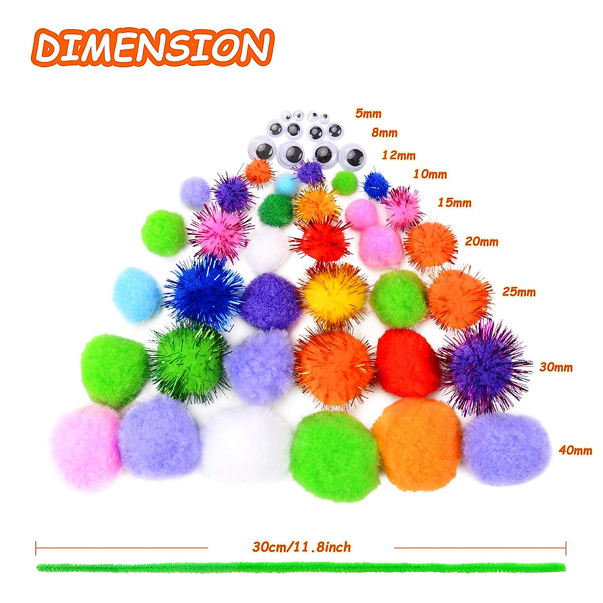 ZHAOER 200 Pieces Chenille Stems - 250 Pieces 6 Sizes Assorted Pom Poms - 100 Pieces Glitter Pompoms and 150 Pieces Wiggle Googly Eyes for DIY Arts Crafts