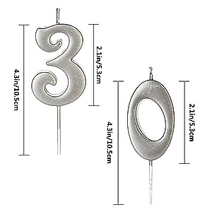 Silver 30th Birthday Candles for Cake, Number 30 1 3 Glitter Candle Party Anniversary Cakes Decoration for Kids Women or Men