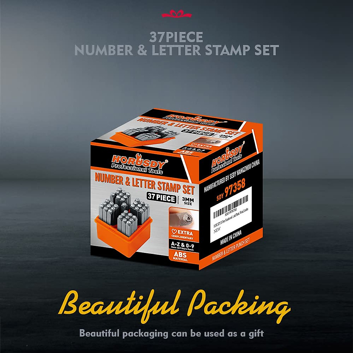 HORUSDY 37-Piece Number and Letter Stamp Set 1/8 (3mm) (A-Z & 0-9 + Love) Punch Perfect for Imprinting Metal Stamping kit, Plastic, Wood, Leather.