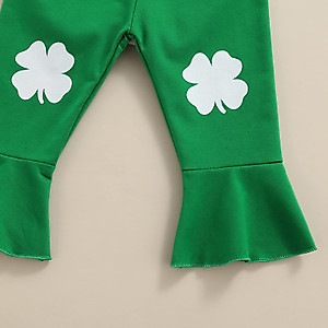 Toddler Baby Girl St. Patrick's Day Outfits Letter Print Romper Long Sleeve Jumpsuit Clover Flared Pants Headband (1#Green, 12-18 Months)