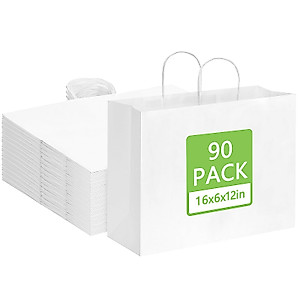 Moretoes 16x6x12 Inch 90pcs Gift Bags, White Paper Bags with Handles, Large Gift Bags Kraft Shopping Bags in Bulk for Boutiques, Small Business, Retail Stores, Gifts & Merchandise