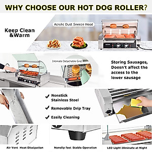 Seeutek Hot Dog Roller 7 Rollers 24 Hot Dogs Capacity 1100W Stainless Hot Dog Toaster With LED Light, Hot Dog Machine W/Dual Temp Control Glass Hood Acrylic Cover Warmer Shelf Removable Oil Drip Tray