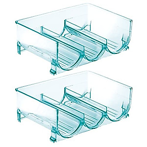 mDesign Stackable Plastic 3 Bottle Refrigerator Wine Rack - Kitchen Storage Organizer for Champagne, Wine or Water Bottles - Stacking Wine Organizer for Fridge - Ligne Collection - 2 Pack - Blue Tint