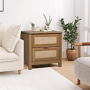 AILEEKISS Night Stand Set of 2 Rattan Nightstands with Wireless Charging Station, Wood Accent Bed Side End Tables with 2 Rattan Drawers, Modern Bedside Stand for Bedroom, Living Room (Natural Oak)