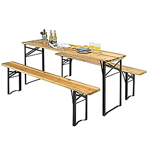 Rainfally 70” 3-Piece Portable Folding Picnic Table Bench Set, Portable Picnic Beer Table w/Wooden Tabletop, Outdoor Foldable Dining Table Set for Party, Picnic, Camping, Patio, Garden, Natural Brown