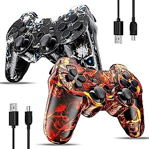 ISHAKO Wireless Controller 2 pack for PS3, Upgraded Joystick Controller for PS3 High Performance Double Shock, Touch Pad, Audio Function compatible with Playstation 3 / Pro/Slim/PC(Flame+Black Skull)
