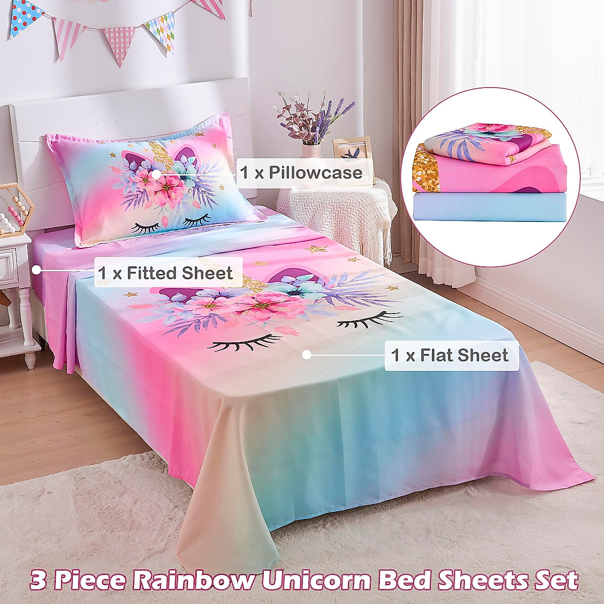 VIVILINEN Twin Size Sheet Set 3 Piece Rainbow Unicorn Kids Bed Sheets Set for Girls Kids Bedding Sheets Toddler Twin Bedding Set Include Flat Sheet, Deep Pocket Fitted Sheet and Pillowcase