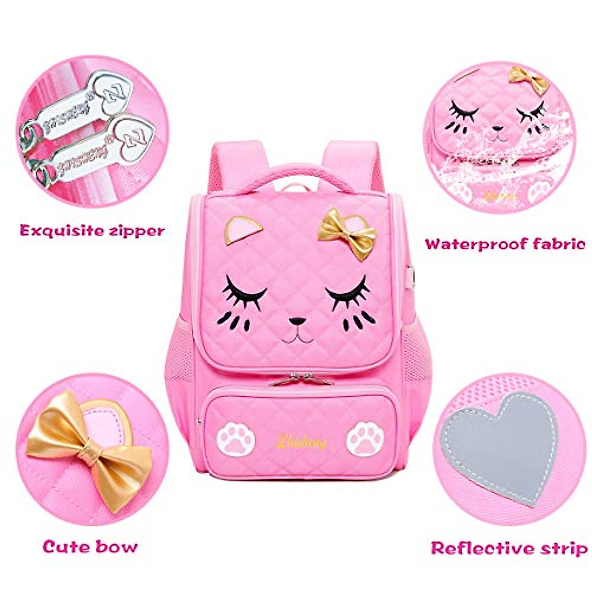 Proboths Cute Cat Face Girl's Bowknot School Backpack Kid's Bookbag Gift for Elementary Primary Student Pink