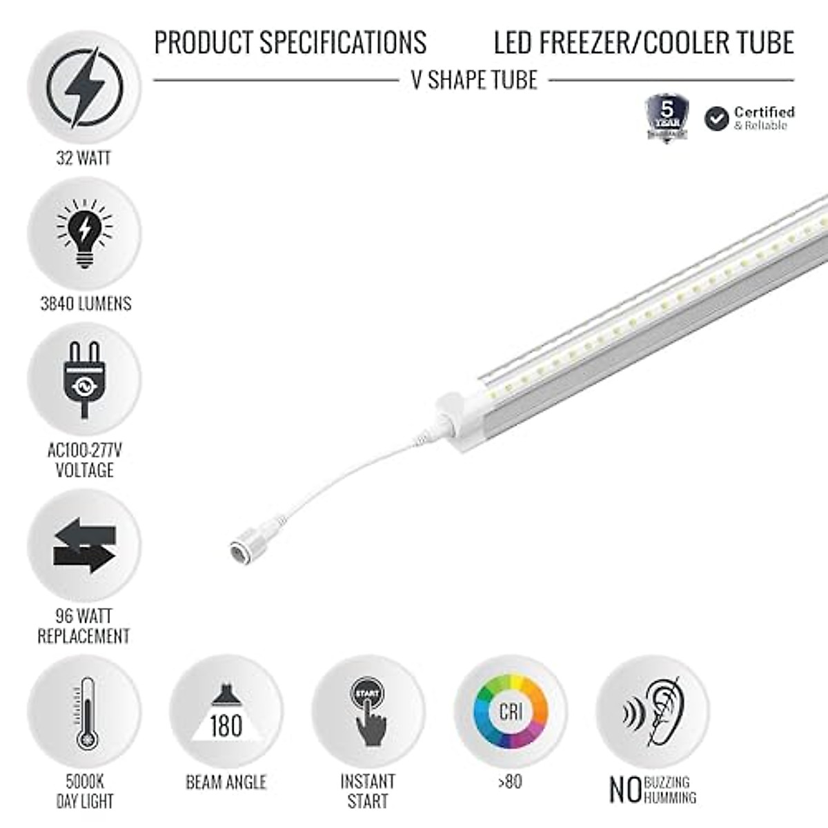 LEDMyplace 32W 5ft LED Freezer/Cooler Tubes T8 V-Shape, 4200 Lumens, 5000k Daylight White, 180° Beam Angle, 100-277V, Tube Lights for Supermarkets Freezer, Grocery Stores, Commercial Freezer Lights