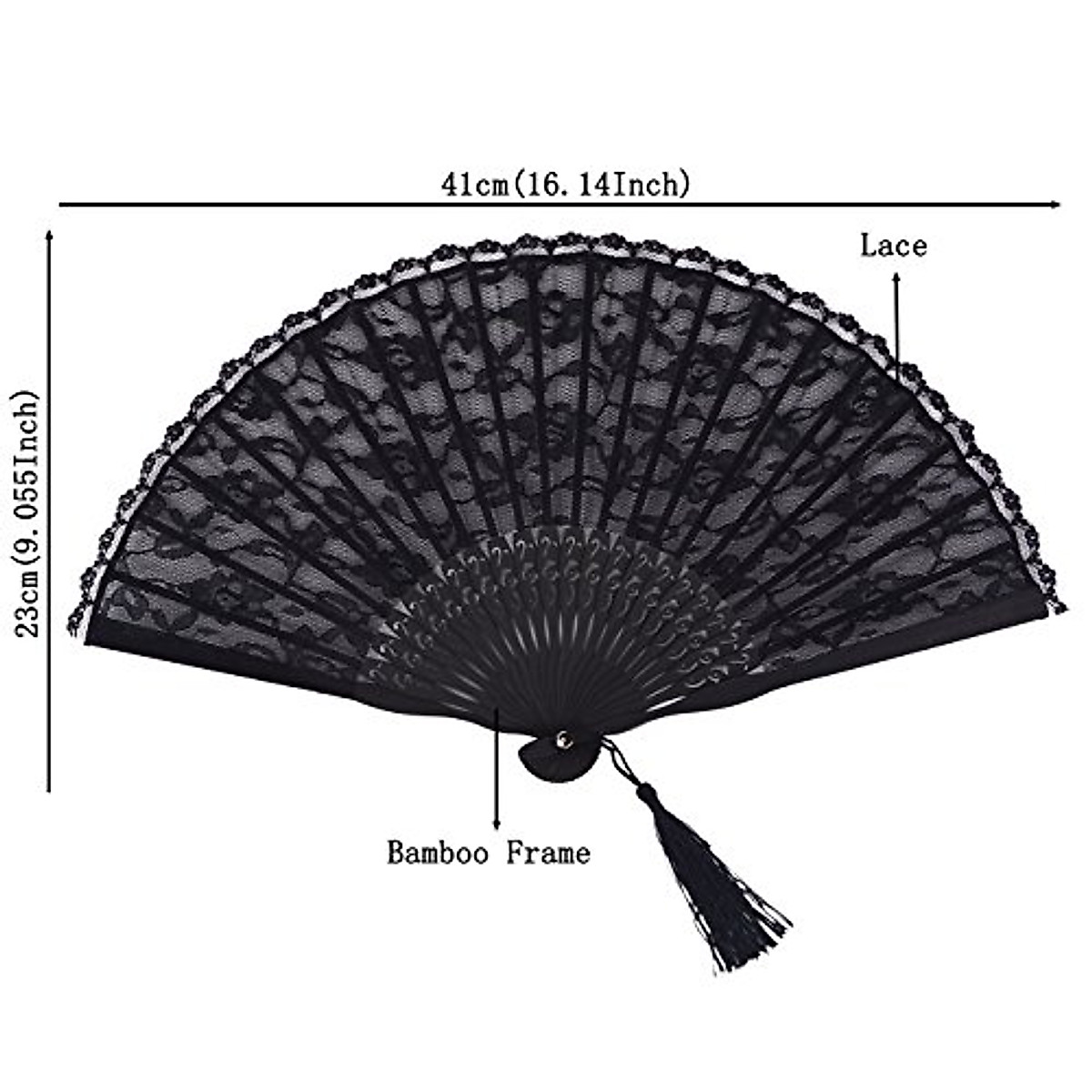 Meifan Womens Multi Color Handmade Cotton Lace Folding Hand Fan (Black-A)