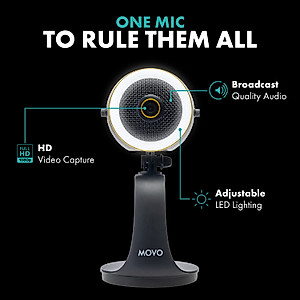 Movo WebMic HD Pro All-in-One Webcam with Microphone and Ring Light- 1080p HD Camera, Pro Cardioid Condenser Microphone, LED Ring Light -HD Webcam for Streaming, Video Conferencing, Recording, Gaming