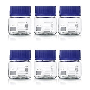 Paalee 6 Pack Graduated Round Reagent Bottle Set, Wide Mouth Borosilicate Glass Lab Media Storage with GL80 Blue Polypropylene Screw Caps, Leakproof and Autoclavable (250ml)