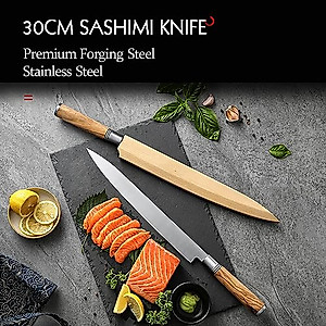 HEZHEN 300mm Sashimi Knife,Forged Steel Sushi Yanagiba Knife, Sushi Slicing, Wooden Handle Knife Case