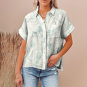 Plus Size Tops Women Short Sleeve Raglan Gradient Shirt Button Flowy Y2k Open Front Top Pleated Pocket Collar Blouse Leather Tops for Women Sexy Long Sleeve Gym Tops