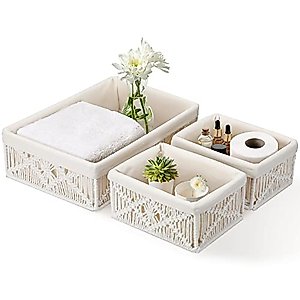 Bellzacasa Storage Baskets Boho Decor with Removable Cloth Liner Toilet Paper Basket Decorative Woven Basket for Countertop Shelf Cabinet Organizer for Bedroom Nursery Living Room Set of 3