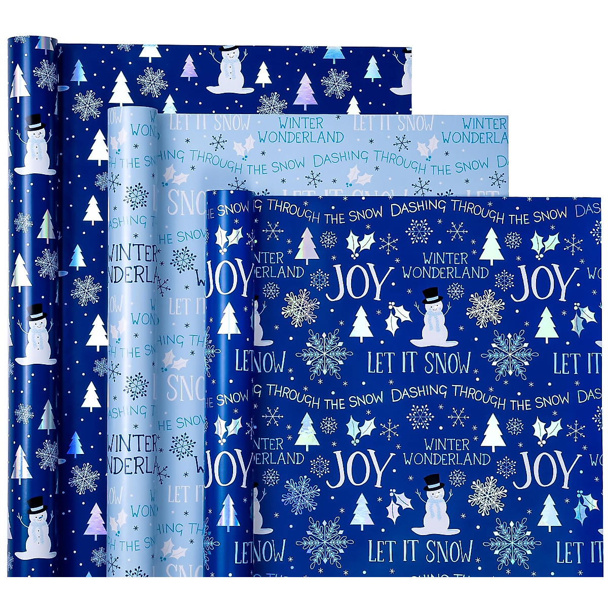 WRAPAHOLIC Christmas Wrapping Paper Roll - Mini Roll - 3 Rolls - 17 Inch x 120 Inch Per Roll - Blue and White Winter Wondland, Snowflake, Snowman Holiday Collection with Metallic Foil Shine