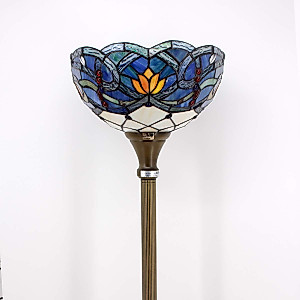 WERFACTORY Tiffany Floor Lamp Blue Lotus Flower Stained Glass Light 12X12X66 Inches Pole Torchiere Standing Corner Torch Uplight Decor Bedroom Living Room Home Office S220 Series