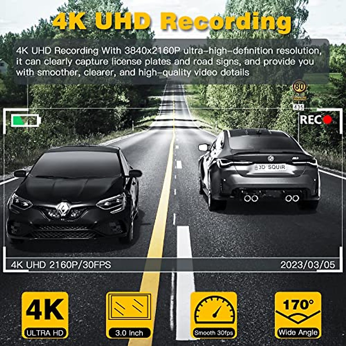 4K Dash Cam Front with SD Card, Kussla WiFi Dash Camera for Cras, 2160P Dashcam for Cars with App Control, Super Night Vision Car Camera, WDR, G-Sensor, Loop Recording, Parking Monitor