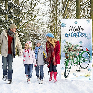 Hello Winter Welcome Porch Sign Door Cover Banner Winter Party Decoration Backdrop Floral Bike Banner Large Seasonal Door Banner Background Door Cover, 70.8 x 35 Inch (Winter Style)