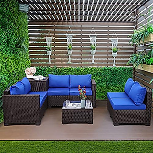 Patio PE Wicker Furniture Set 6 Piece Outdoor Brown Rattan Sectional Loveseat Couch Conversation Sofa Chair with Storage Box and Glass Top Coffee Table, Non-Slip Royal Blue Cushion