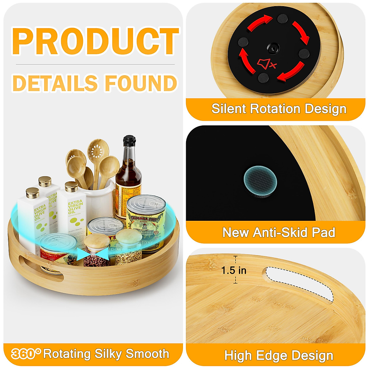 Homerays 12 Inch Lazy Susan Organizer, Kitchen Rotating Spice Rack, Bamboo Lazy Susan with Double Handles for Kitchen Cabinet (Bamboo, Medium)