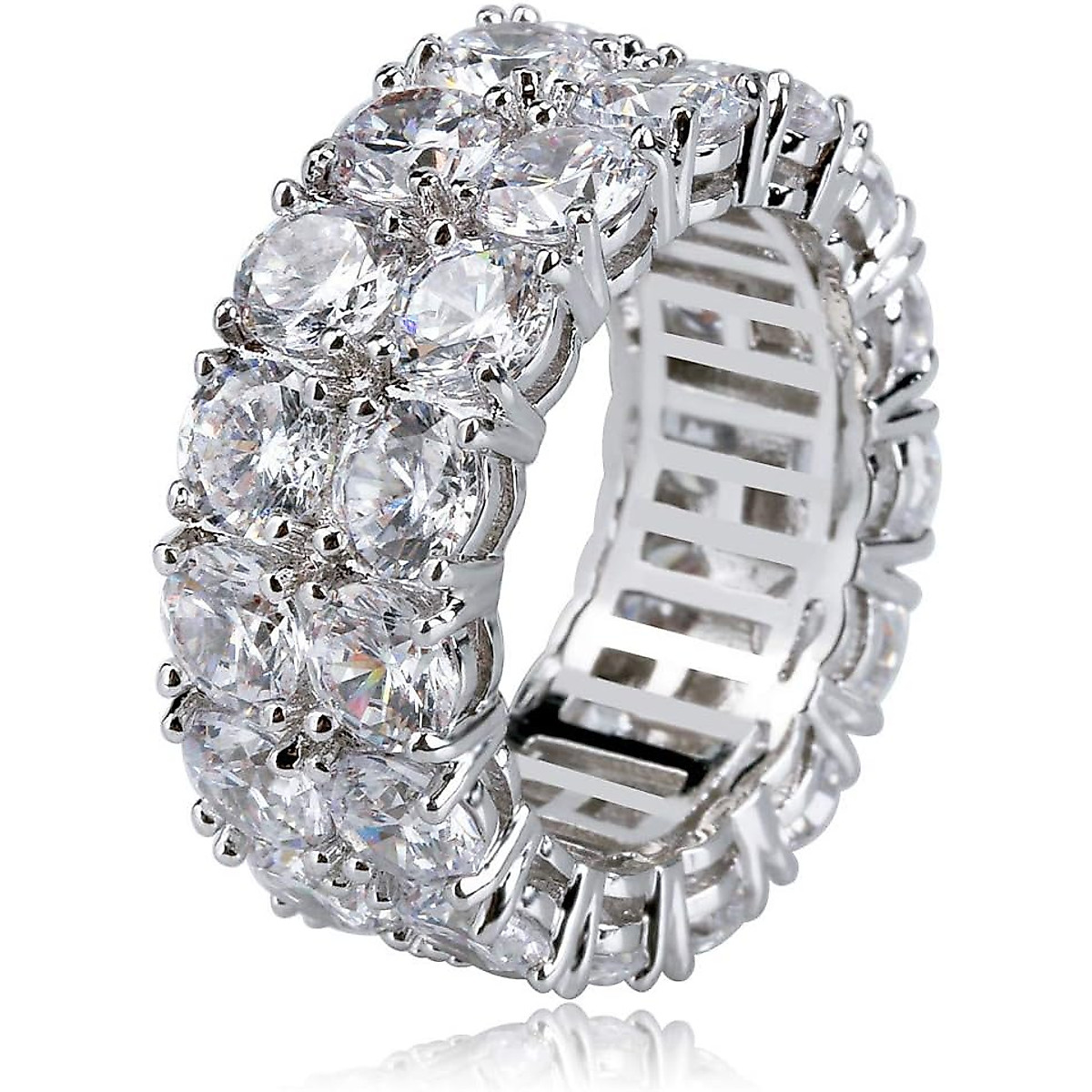 TOPGRILLZ Rings for Men Diamond Ring 9mm Cubic Zirconia Silver Ring for Women 14K Gold Plated Iced out Wedding Eternity Band Chunky Rings