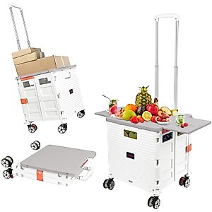 Foldable Utility Cart Collapsible Portable Tool Cart with Wheels Tote Basket,176LBS Load Capacity,Magnetic Lid Telescopic Cover with 360° Wheels Telescoping Handle for Grocery Laundry Luggage,White