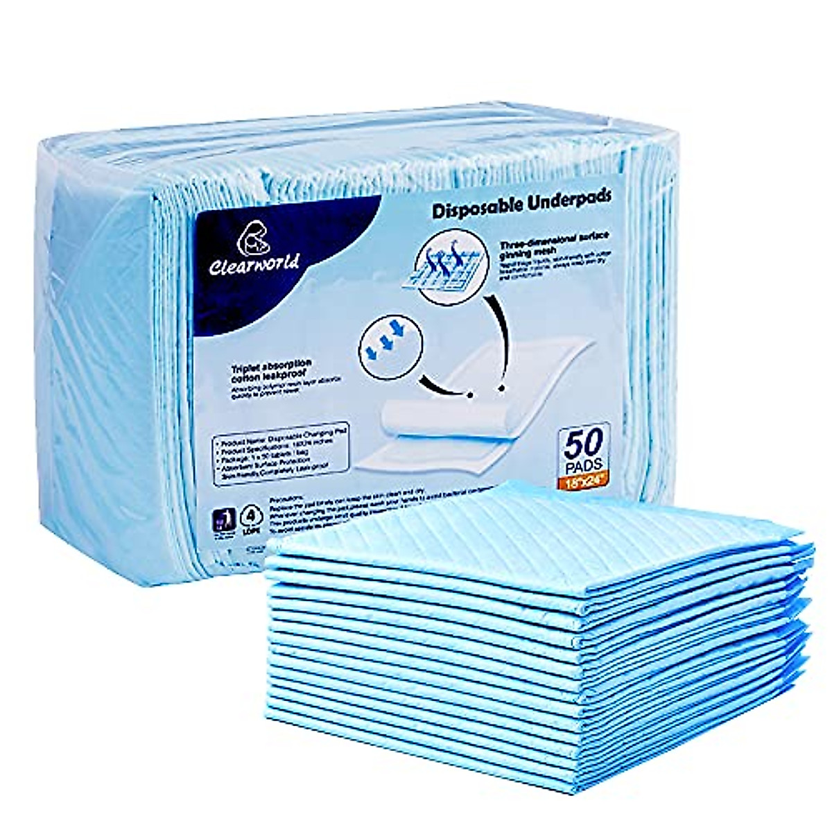 Clearworld 50 Pack Disposable Changing Pad, Waterproof Baby Disposable Underpads, Portable Diaper Changing Mat 3-Layer Leak-Proof,Breathable,Comfortable Always Keep Skin Dry 24”x18”
