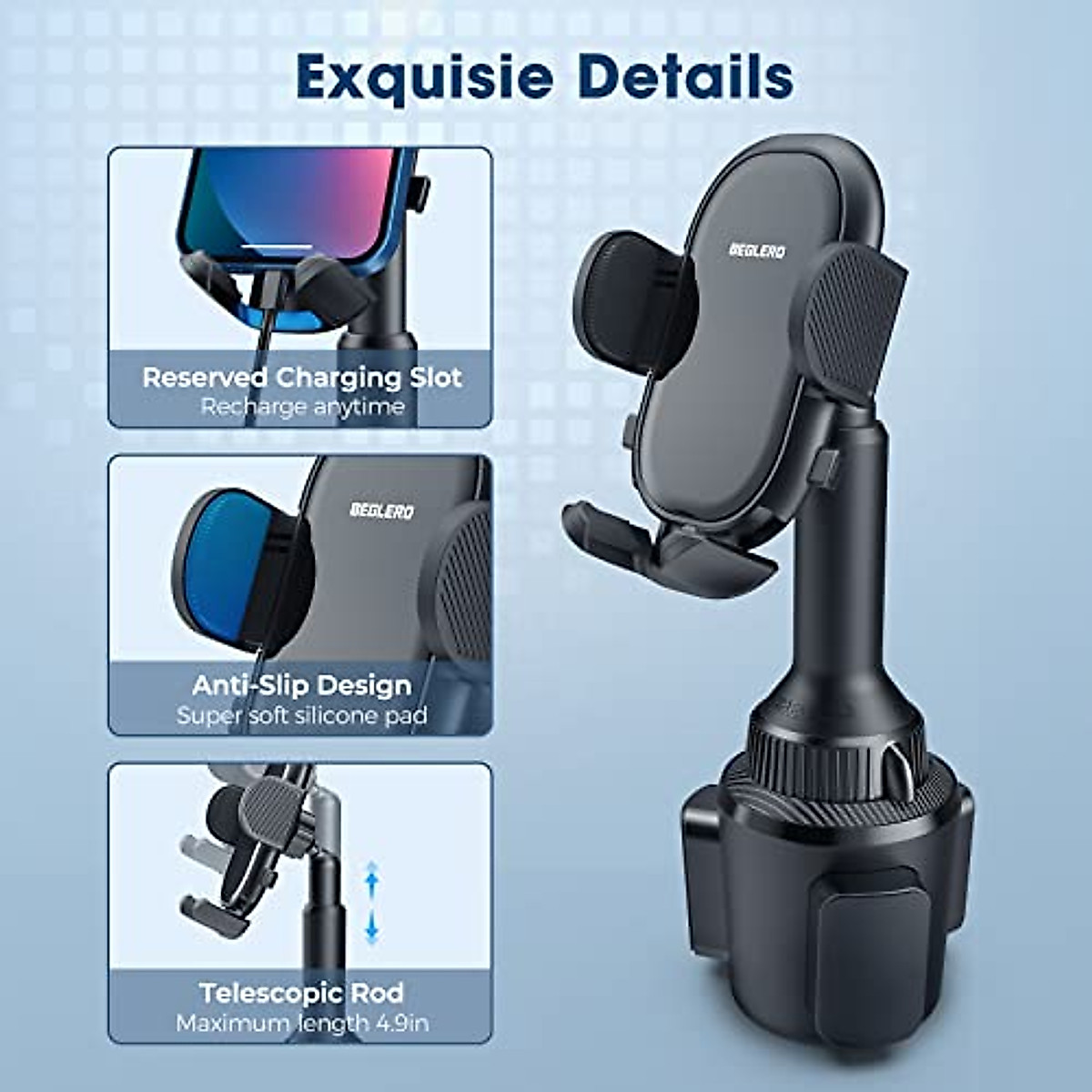 Beglero Cup Holder Phone Mount: Adjustable Height Cup Phone Holder for Car, Universal Extendable Cup Base, Pull-Down Support Feet Car Phone Holder Compatible with iPhone, Samsung, all 4.5-7inch Phones