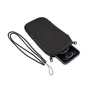 Neoprene Shock Absorbing Proof Pouch Large Cell Phone Sleeve Case Cover w Zipper/Neck Strap for iPhone 14 Plus Samsung Galaxy Note20 Ultra S22 Ultra A13 A03 A23 Moto G Power 2022 LG Stylo 6 (Black)