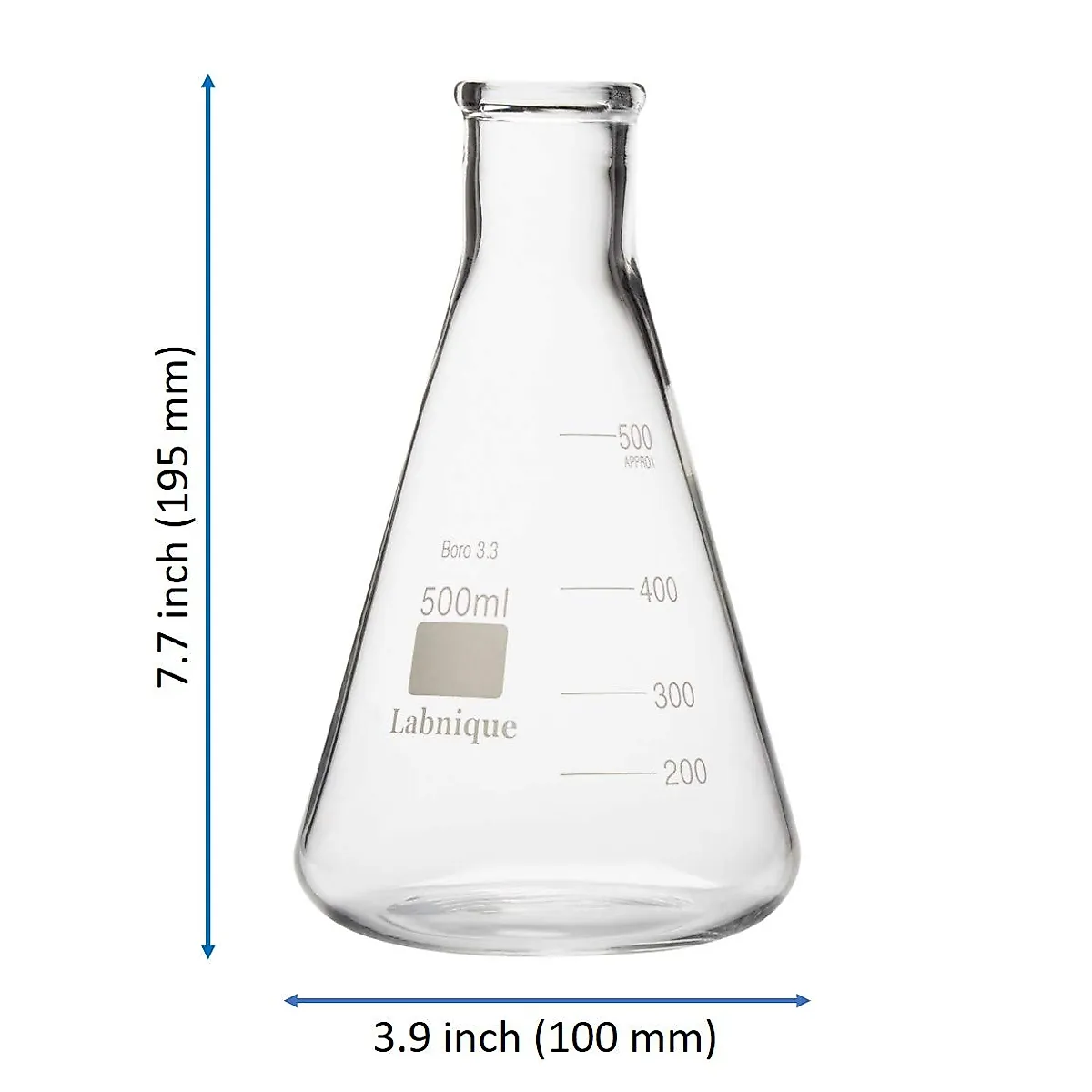 Labnique Borosilicate 3.3 Glass Conical Flask, Erlenmeyer Flask with Narrow Mouth, Graduated, Double Boxed, 500ml (Pack of 8)