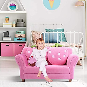Fireflowery Kids Sofa, Children Upholstered Loveseat Lounge Bed w/ 2 Cute Strawberry Pillows, Children Couch Armrest, Double Seat Kid Sofa for Playroom Bedroom Living Room Baby Room, Pink