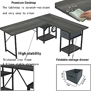 SZXKT L Shaped Desk with Drawers, Gaming Desk, Corner Computer Desk with Storage and Power Outlet,Reversible U Shaped Work Pc Desk for Home Office with Monitor Stand 2 Person Long Desk 56 Inch Gray