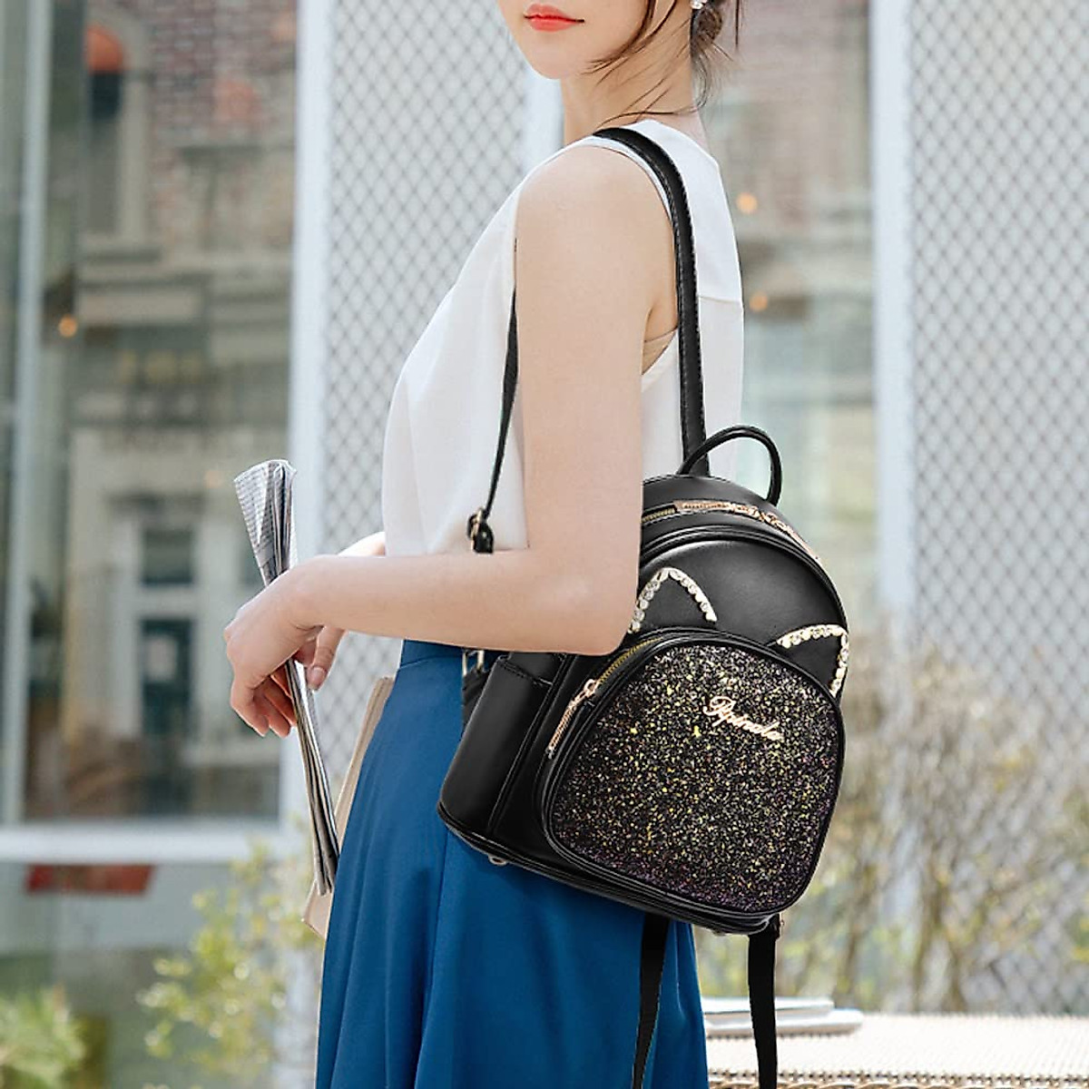 natyrlpog Mini Backpack for Women Cute Cat Ears Design, Leather Small Backpack Purse for Teen Girls with Sequin Decoration