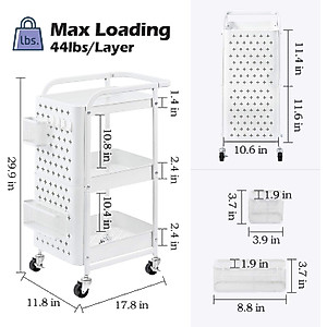 KINGRACK 3-Tier Rolling Cart, Metal Utility Cart with Pegboard, Utility Rolling Storage Carts with Wheels, Craft Storage Trolley with Handle for Kitchen Office Classroom, Classic White