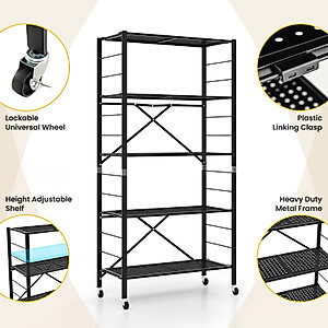 GOFLAME 5-Tier Folding Storage Shelf, Adjustable Shelves with Wheels, Detachable Shelving Unit, Large Capacity, Storage Rack for Garage, Kitchen, Balcony, Living Room, Black