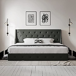 Allewie King Size Bed Frame with 4 Storage Drawers and Wingback Headboard, Button Tufted Design, No Box Spring Needed, Dark Grey