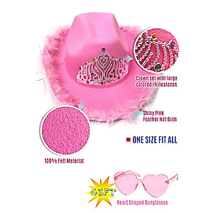 JIANGLAI Cowboy Hat with Heart Shaped Sunglasses, Feather Cowgirl Hat for Halloween, Bachelorette Party (Pink)